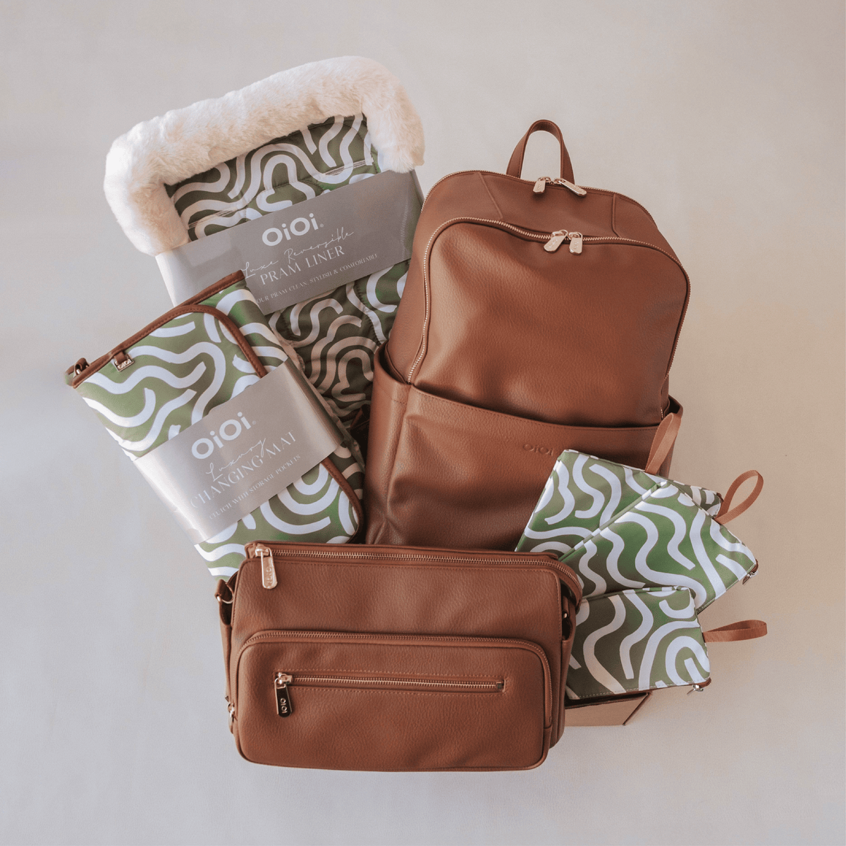 Multitasker Baby Bag Bundle - Chestnut & Green Squiggle (PRE-ORDER FOR ...