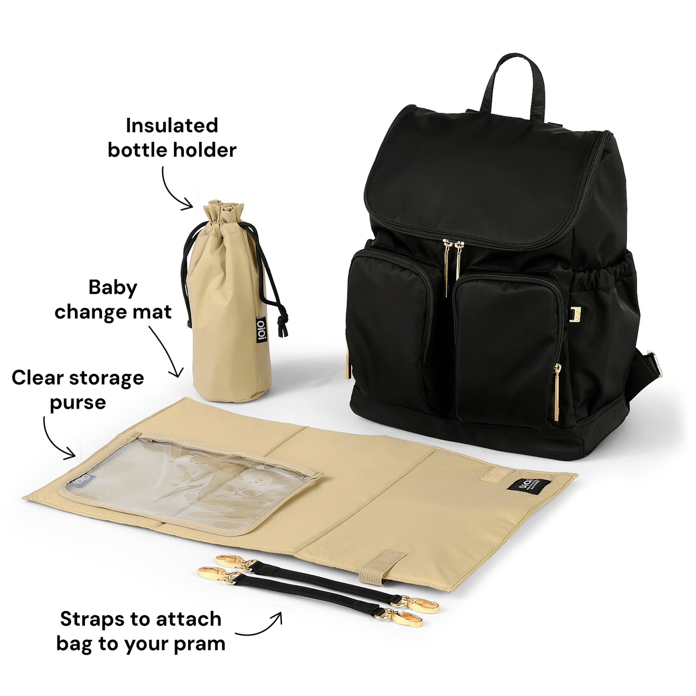 Nylon Nappy Backpack - Black with Gold Hardware — OiOi