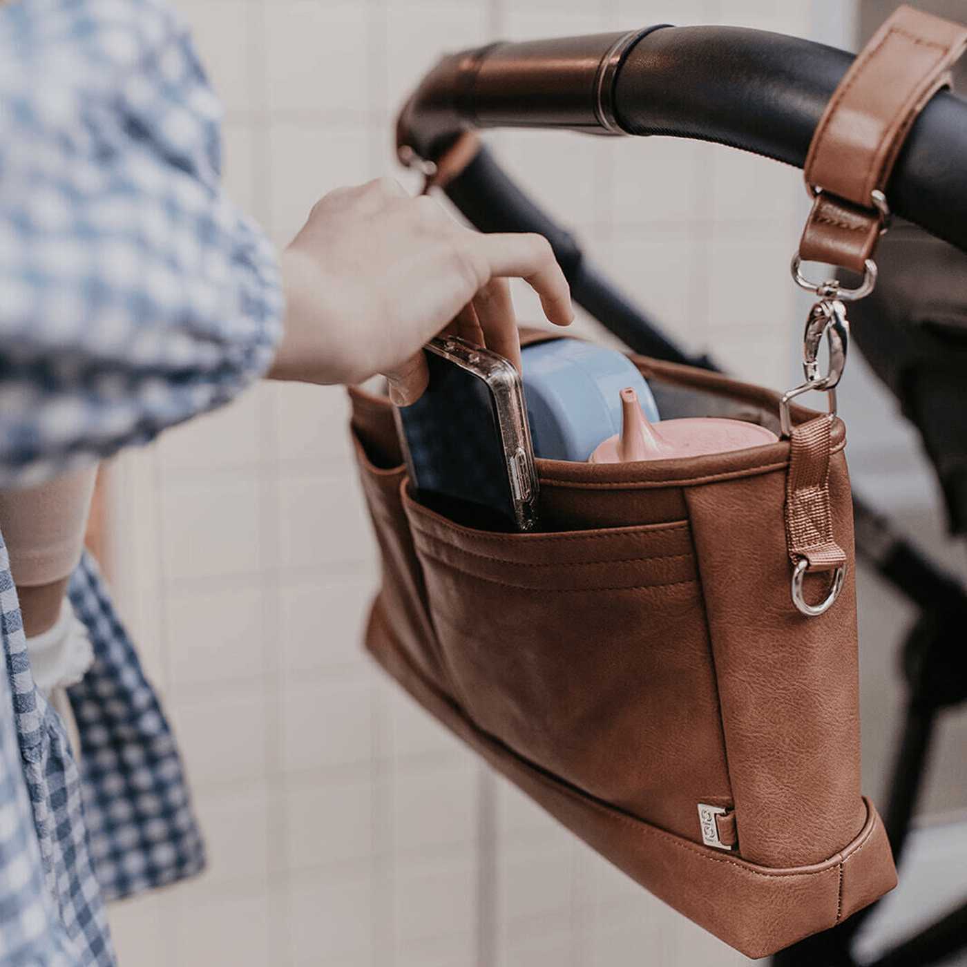 Tan Faux Leather Pram Caddy — OiOi